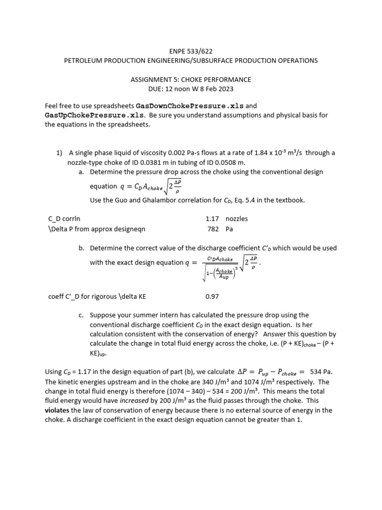 A5.Choke Performance - Solutions | PDF | Pressure | Gases