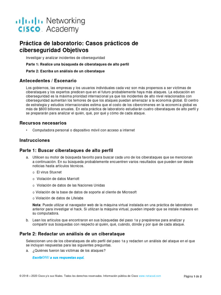 1.1.6 Lab - Cybersecurity Case Studies - Es XL | Descargar gratis PDF | La seguridad informática ...