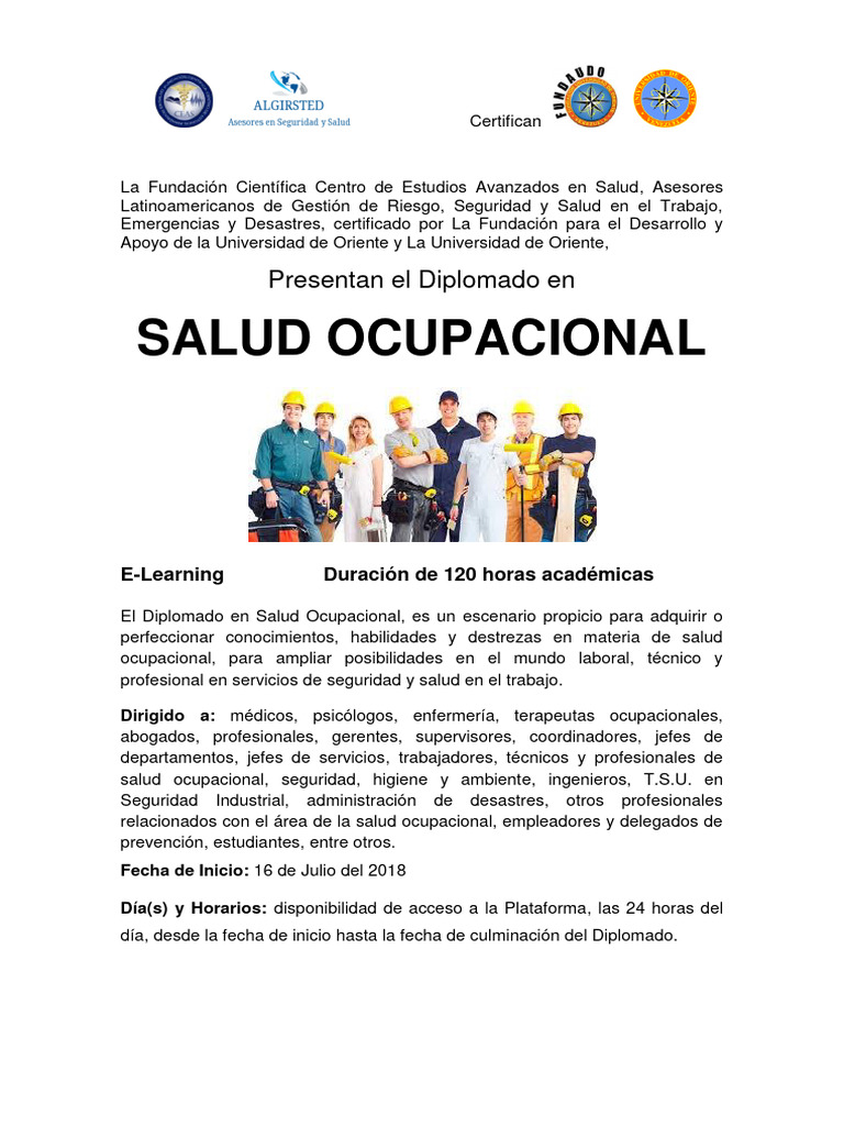 Diplomado en Salud Ocupacional Virtual 072018 | PDF | Seguridad y salud ocupacional