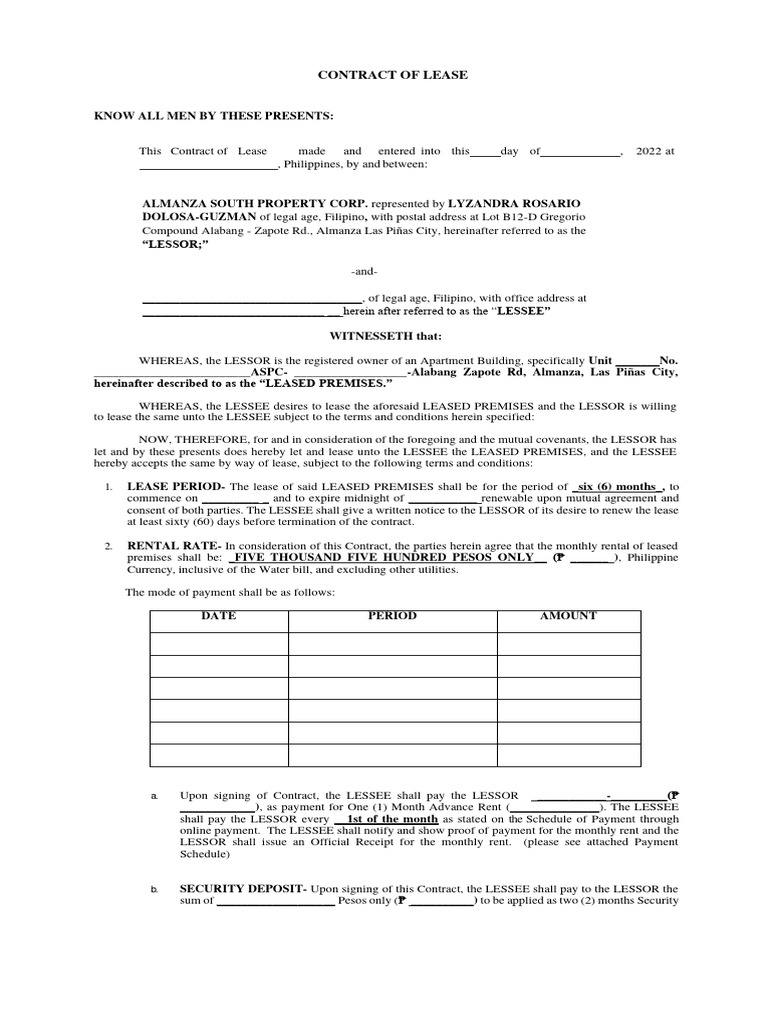 Draft Contract of Lease | PDF | Lease | Leasehold Estate