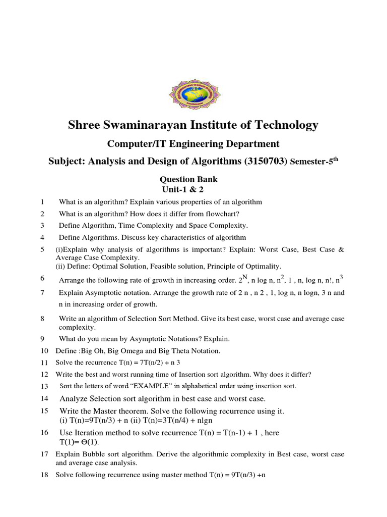 ADA - Question - Bank | PDF | Dynamic Programming | Computational ...