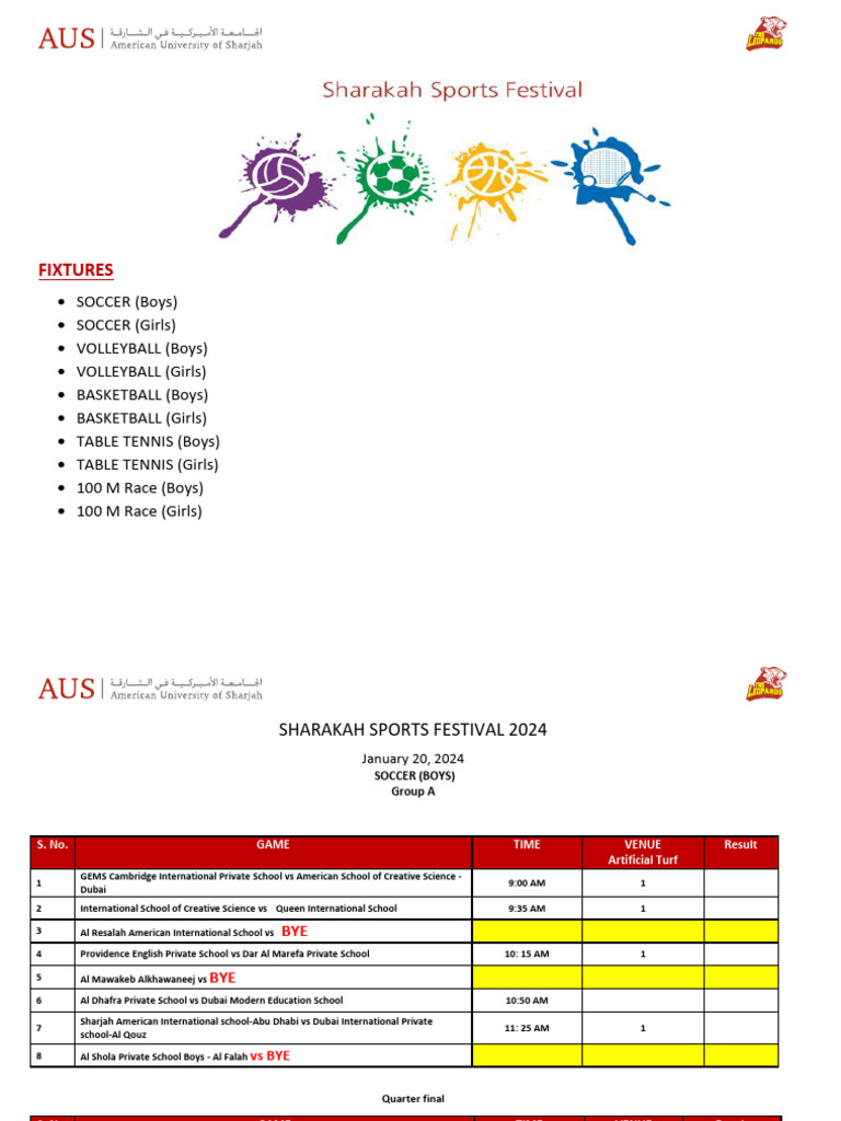 Sharakah Sports Festival 2024 Schedule | PDF | Educational Institutions ...