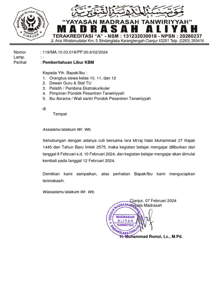 119 - Surat Pemberitahuan Libur KBM | PDF