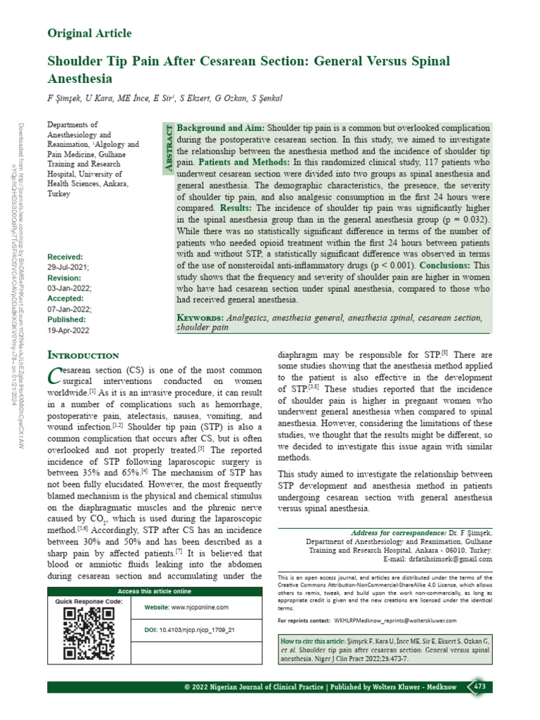 Shoulder Tip Pain After Cesarean Section General.14 | PDF | Anesthesia ...