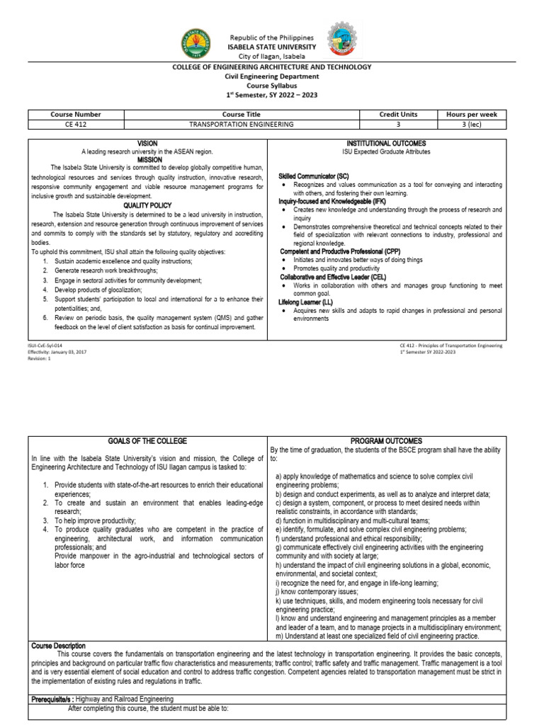 Transportation Engineering Syllabus | PDF | Engineering | Traffic