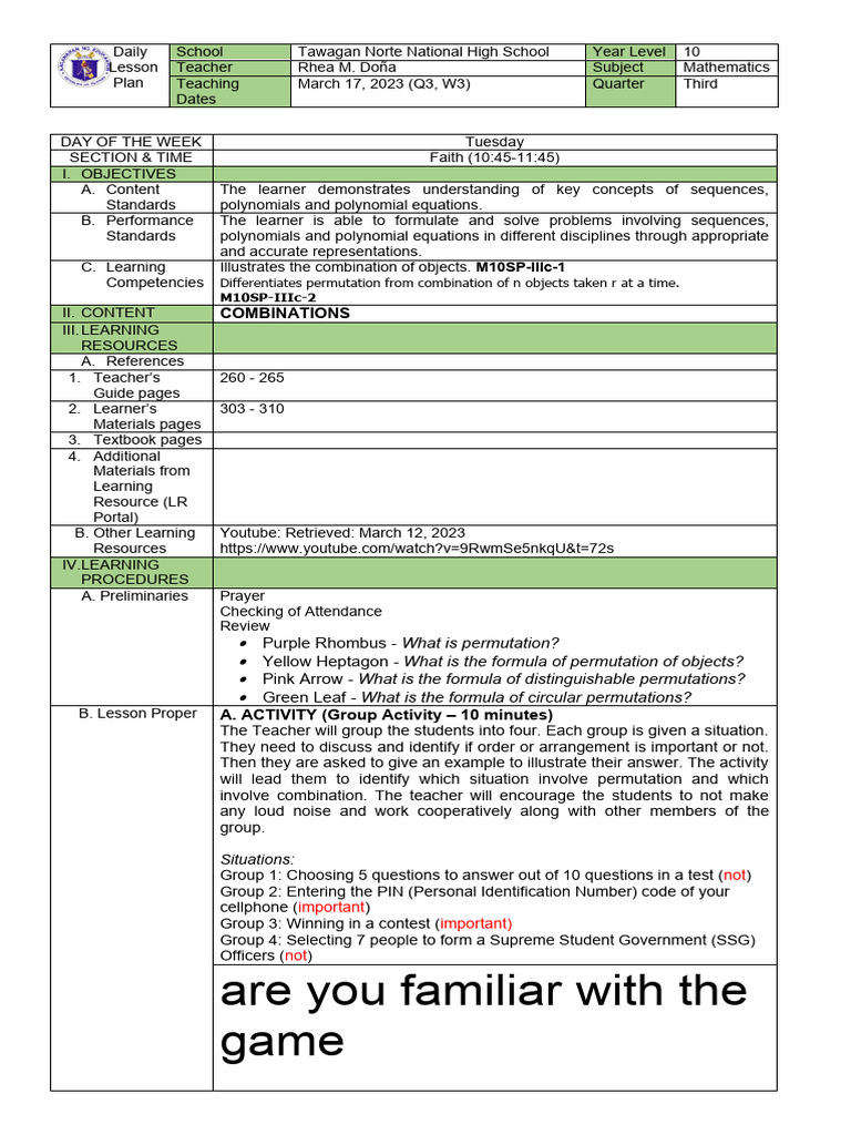 CO1 - Lesson Plan 2023 | Download Free PDF | Learning | Permutation