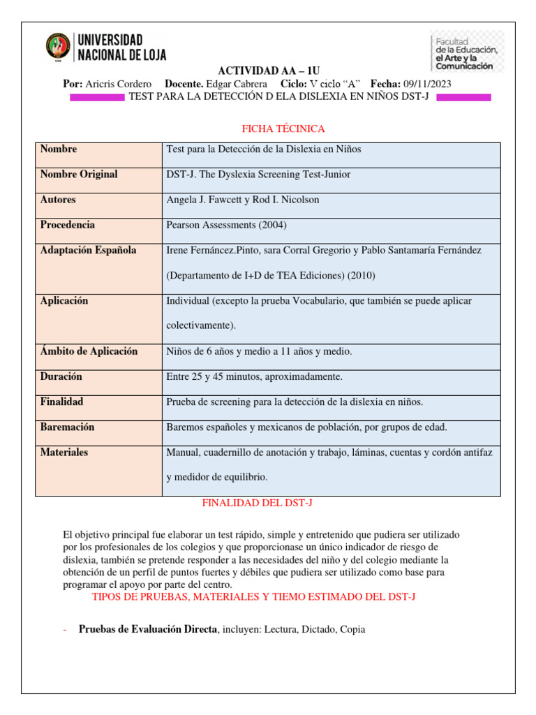 Psicometría Ii Aa 1u Particularidades Del Test DST-J | PDF