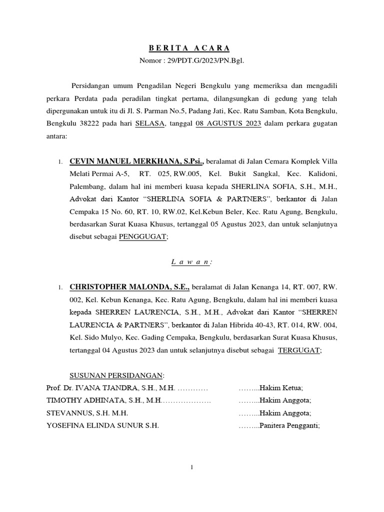Berita Acara Sidang Perdata | PDF