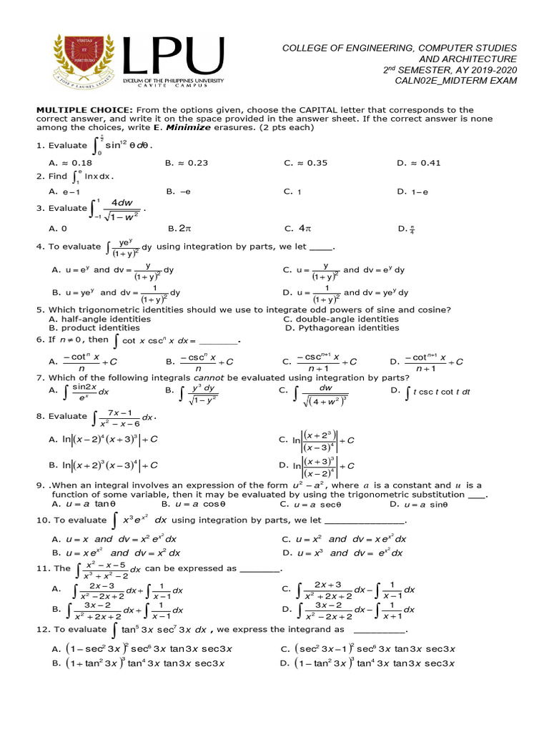 Midterm Exam: Calculus Integration Techniques | PDF | Trigonometric Functions | Elementary ...