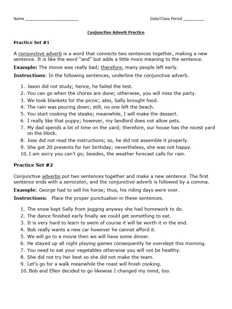 Conjunctive Adverb Exercises | PDF | Language Mechanics