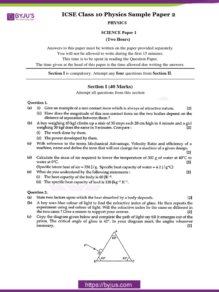 ICSE Class 10 Physics Sample Paper 2 | PDF