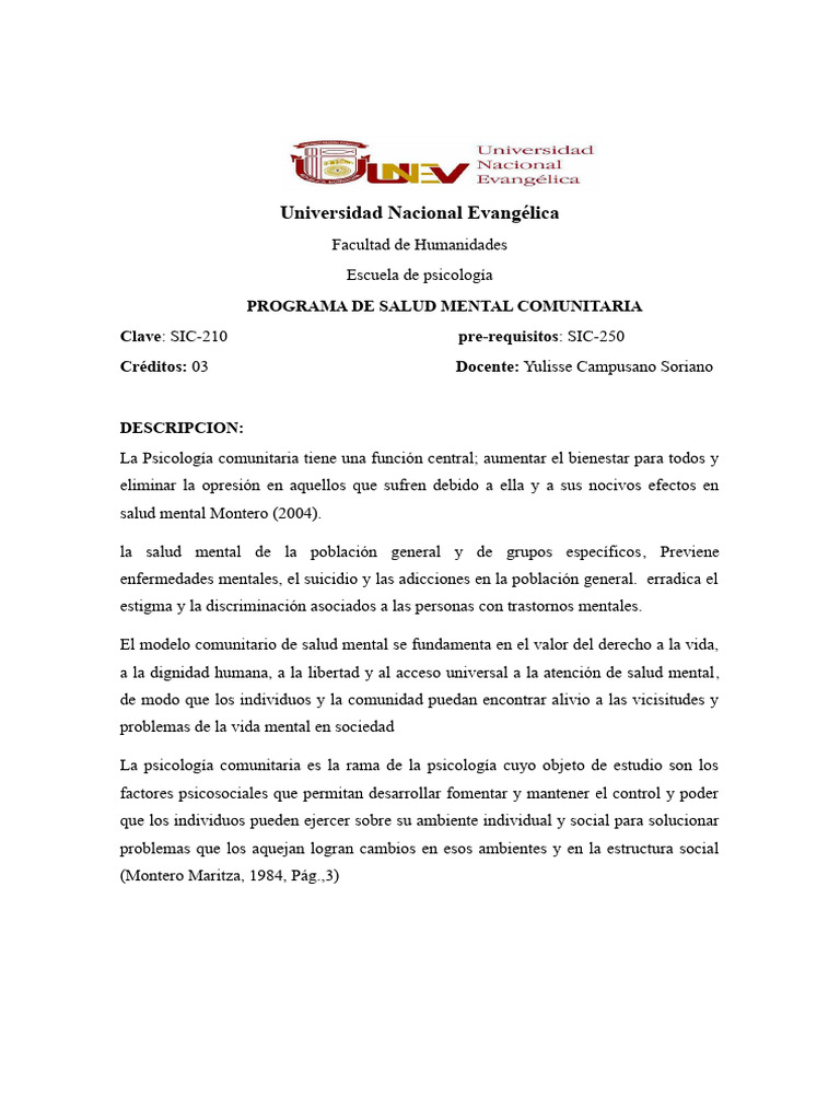 Programa de Salud Mental Comunitaria Unev | PDF | Sicología | Salud mental