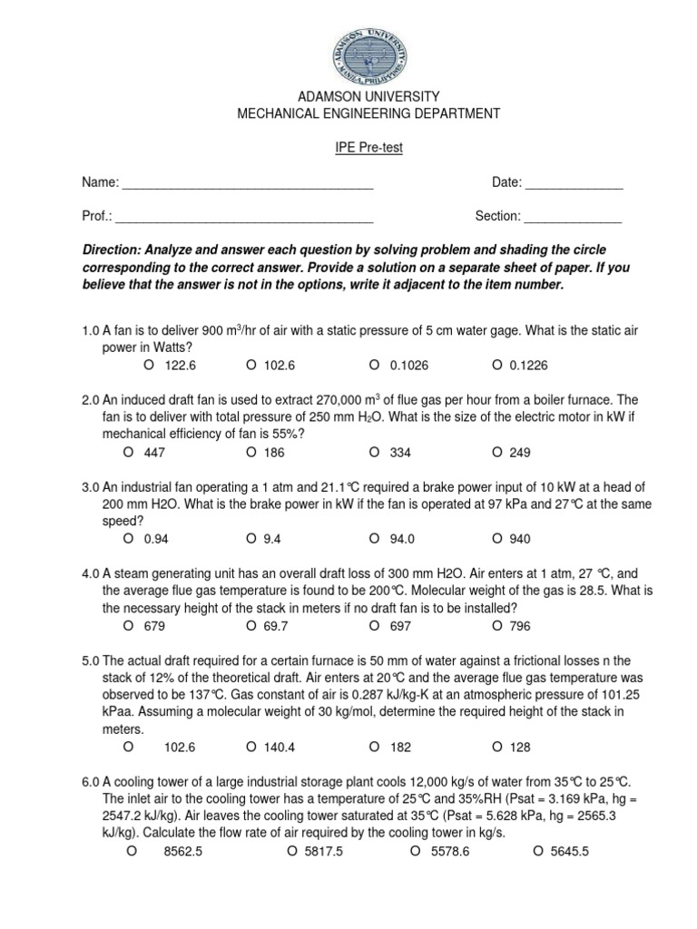 IPE Pre-Test 2nd Sem 23-24 | PDF | Pump | Applied And Interdisciplinary ...