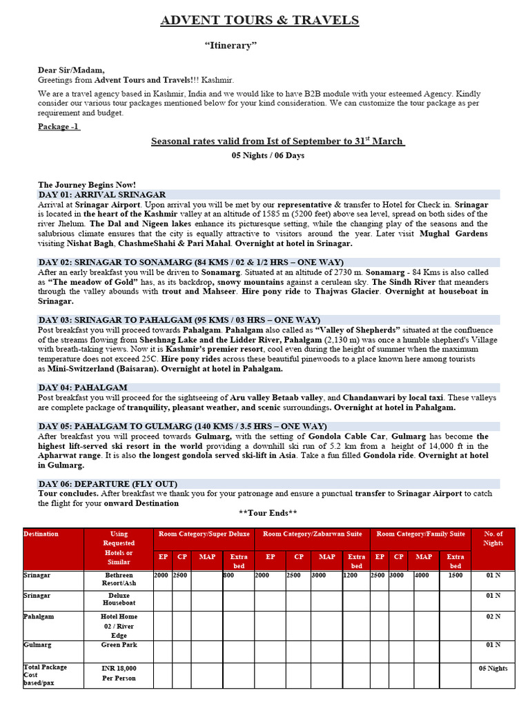 Tour Package Quotation for Kashmir | PDF