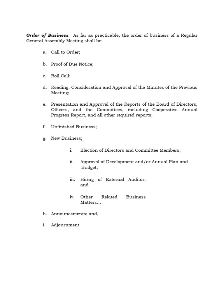 Order of Business During General Assembly Meeting | PDF | Finance ...