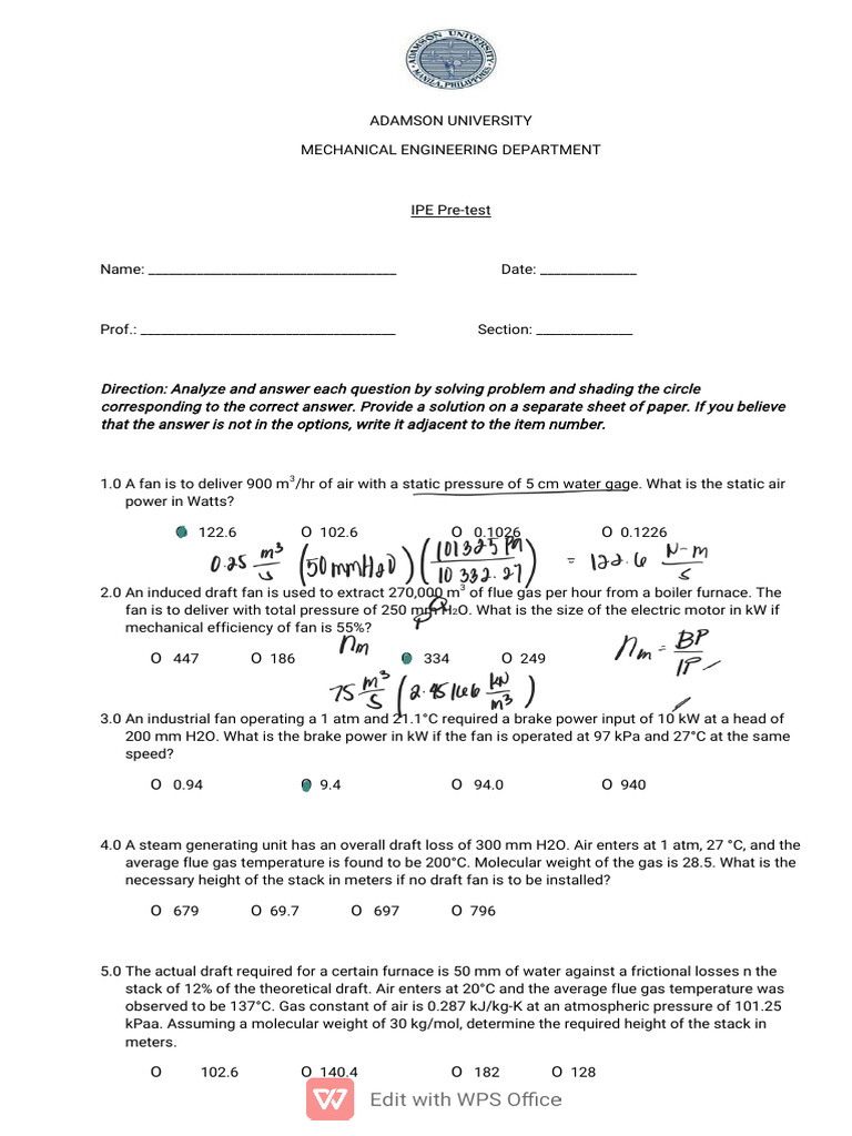 IPE Pre-Test-2nd Sem 23-24 240130 083053 | PDF | Pump | Energy Technology