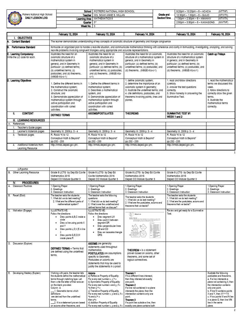 DAILY-LESSON-LOG-QUARTER-3-WEEK-3-Math 8-Millan | PDF | Axiom | Line ...