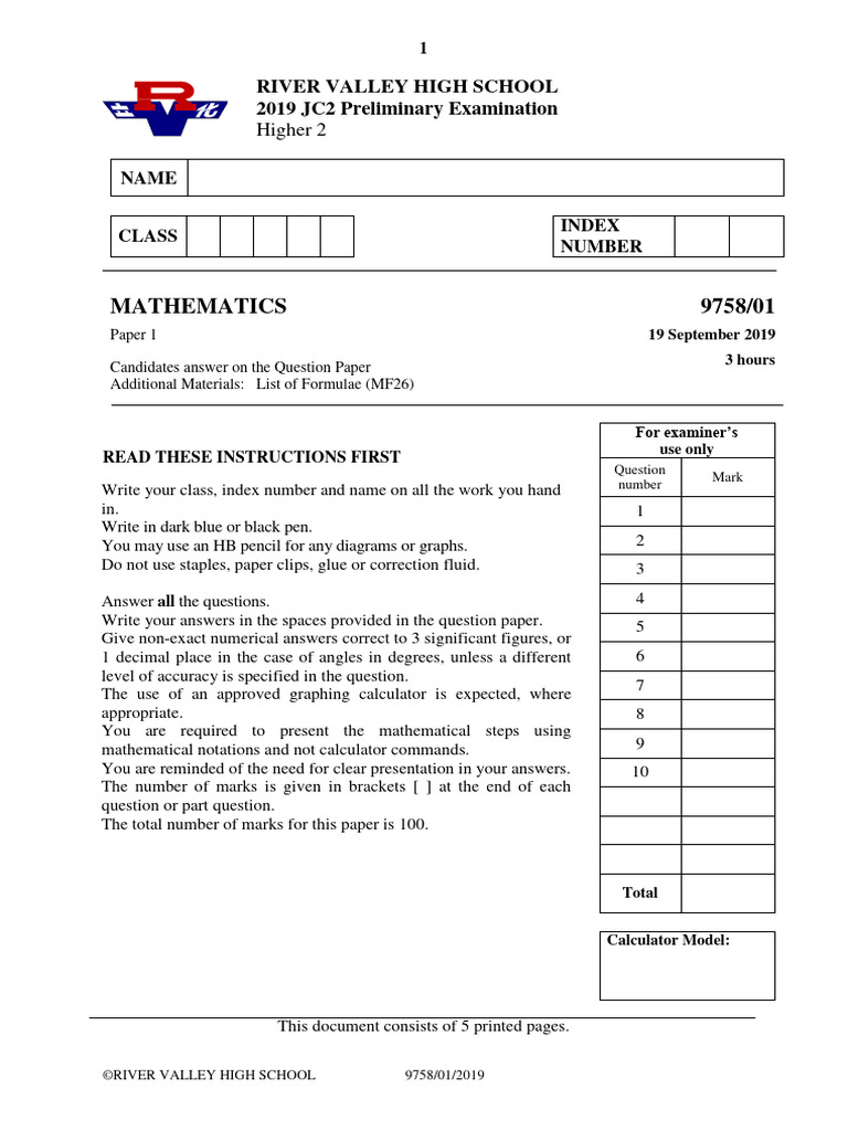 2019 JC2 Math Preliminary Exam Paper | PDF | Line (Geometry) | Equations