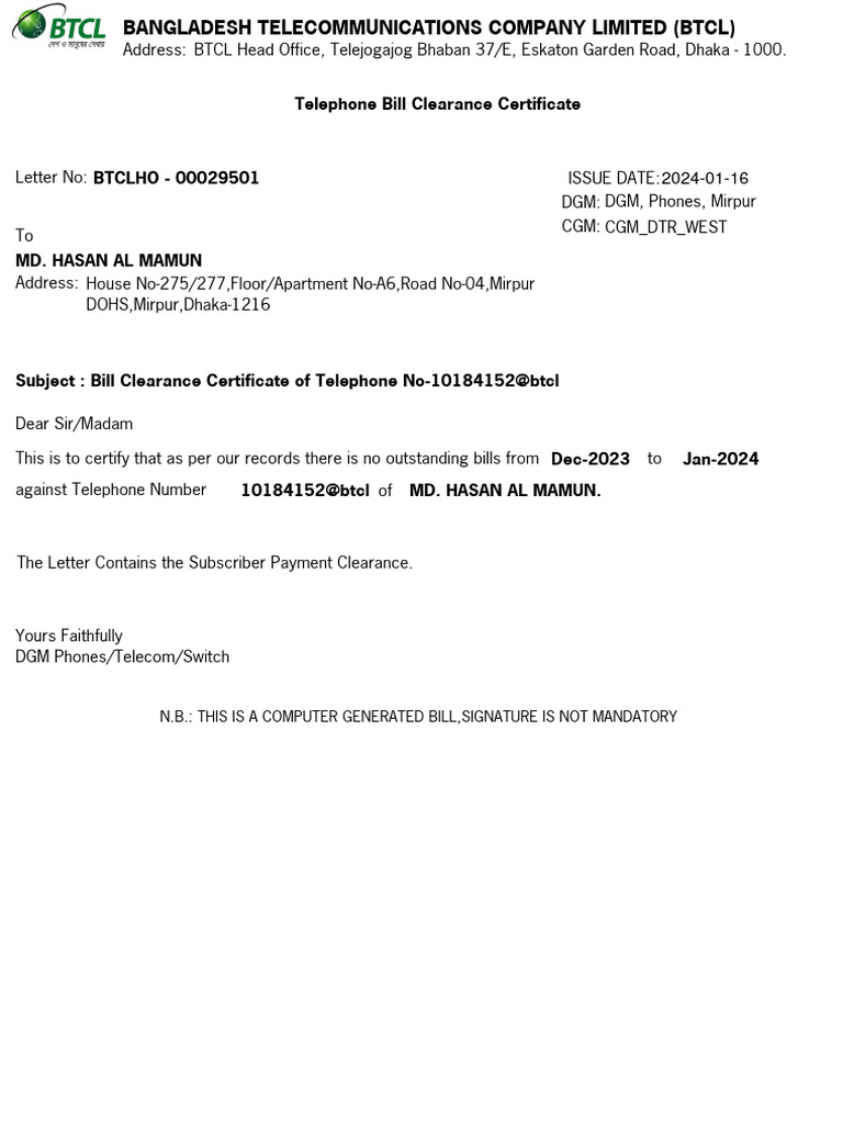 BTCL Telephone Bill Clearance Certificate | PDF
