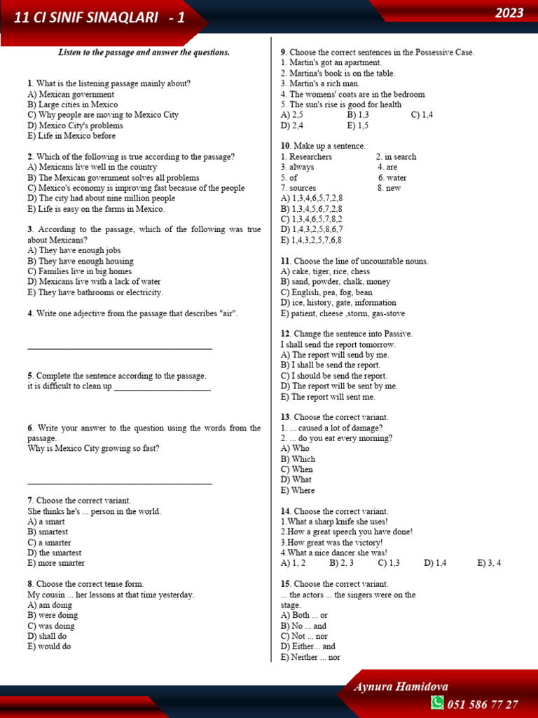 11 Ci Sinif Sinaqlari - 1 | PDF | Syntax | Grammar