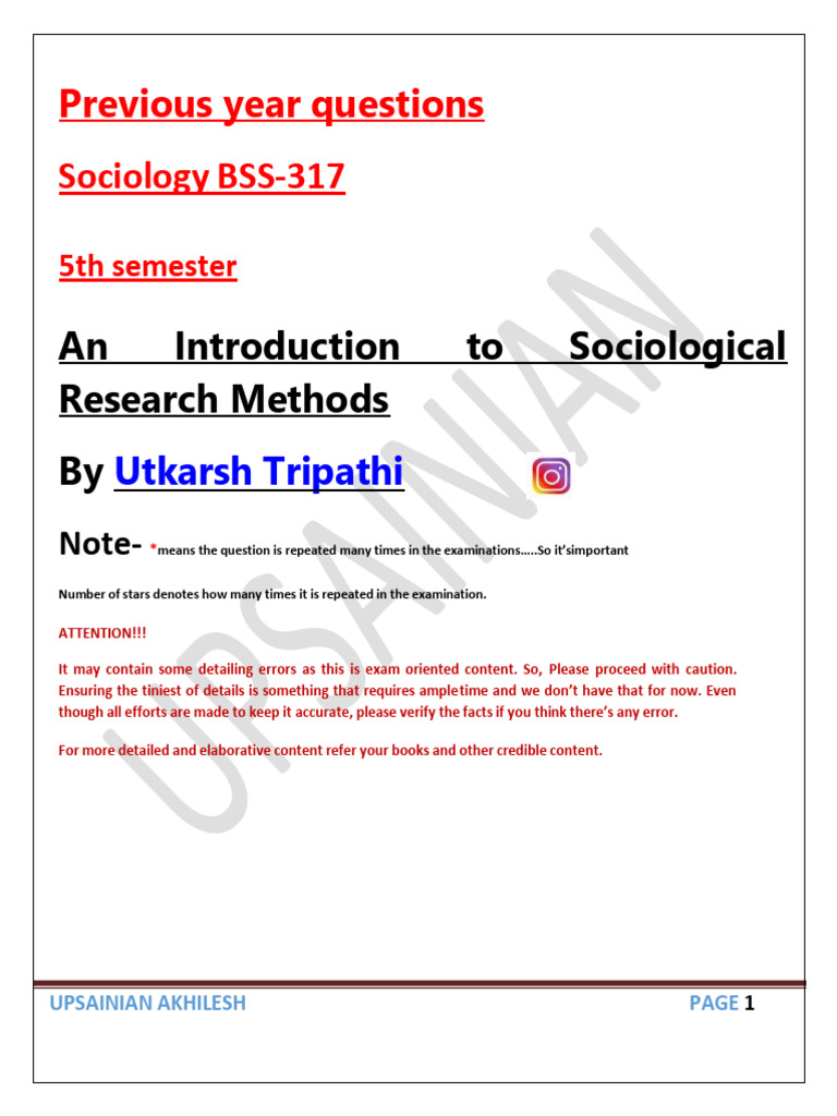 PYQ's BSS-317 An Introduction To Sociological Research Methods | PDF | Methodology | Scientific ...