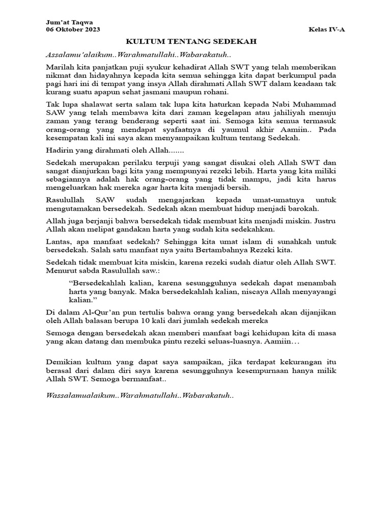 Kultum Tentang Bersedekah | PDF