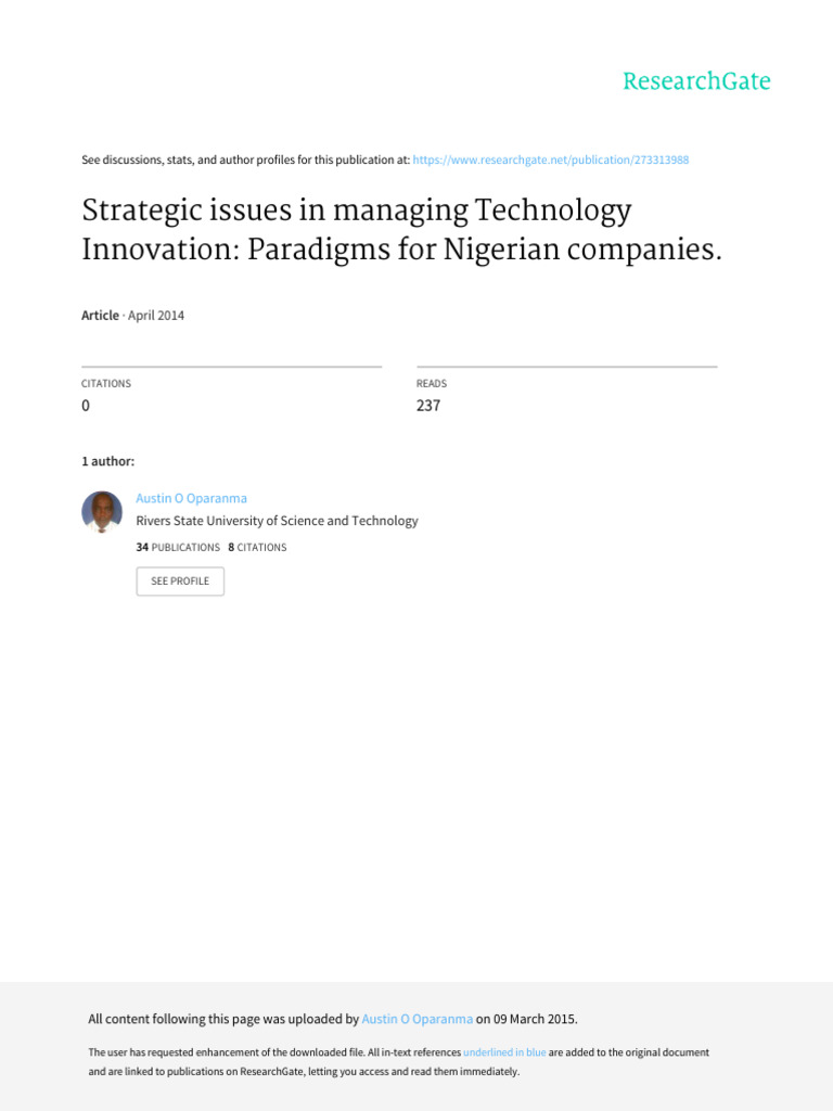 Strategic Issues in Managing Technology | PDF | Innovation | Research ...