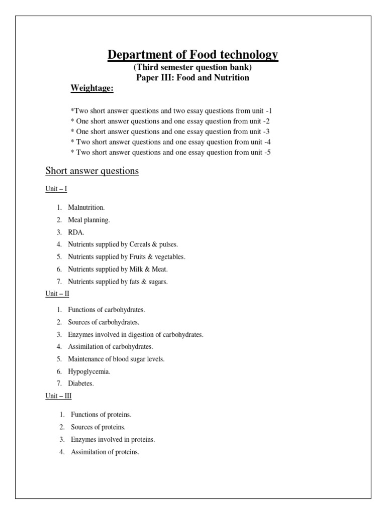 Food Technology 3rd Semester Question Bank | PDF | Nutrients | Digestion