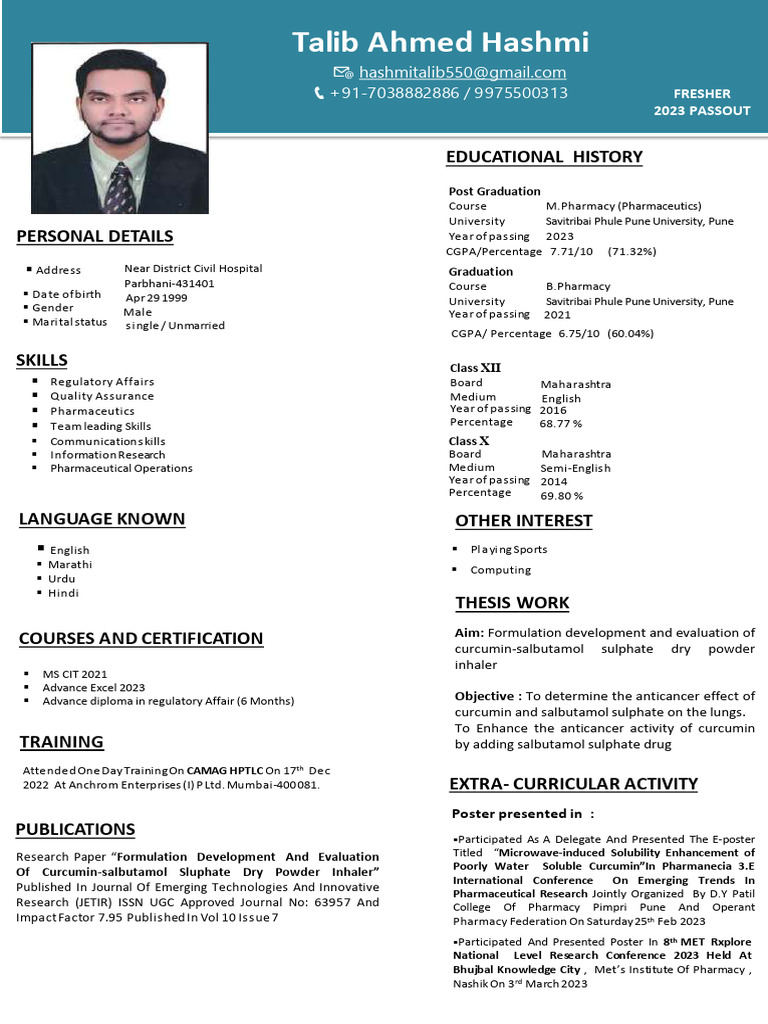 Talib Hashmi's Resume | PDF | Pharmacy | Pharmaceutical Sciences