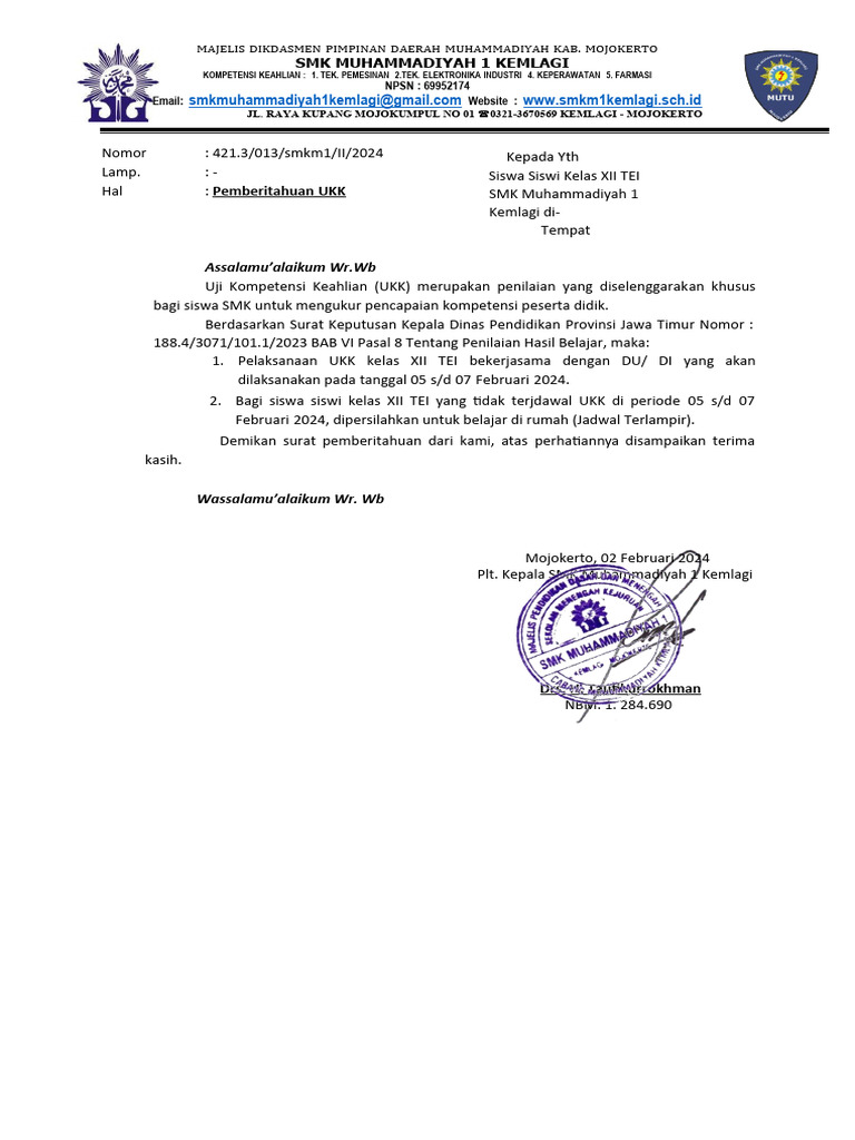 Pemberitahuan Pelaksanaan UKK SMK | PDF