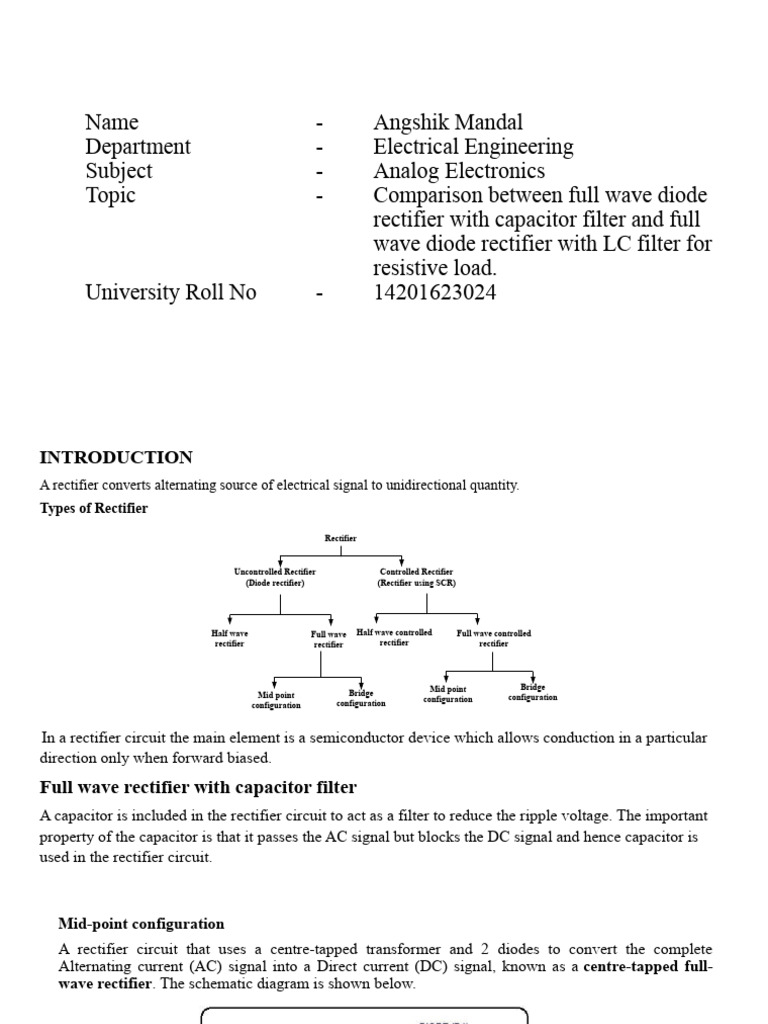 PresentationComparison Between Full Wave Diode Rectifier With Capacitor Filter and Full Wave ...