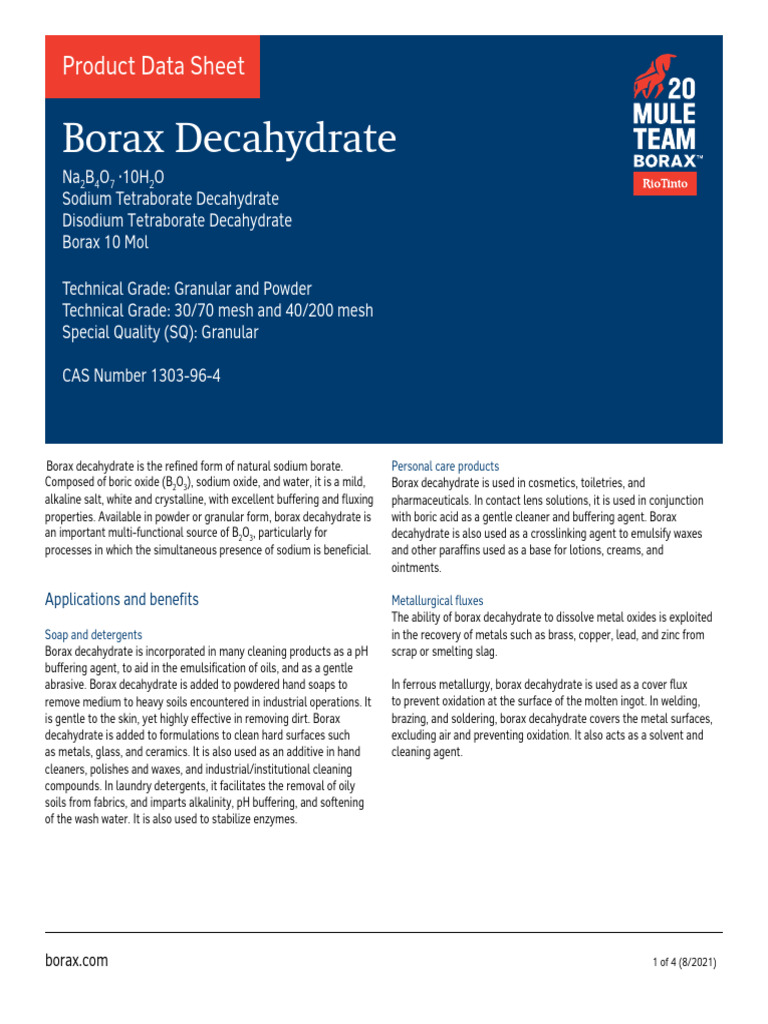 Borax Decahydrate | PDF | Chemistry | Chemical Substances