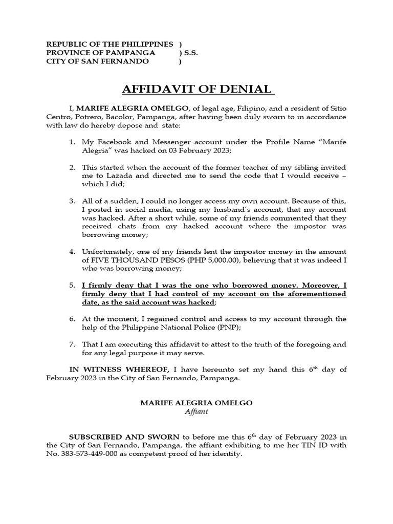 Affidavit of Denial | PDF | Law
