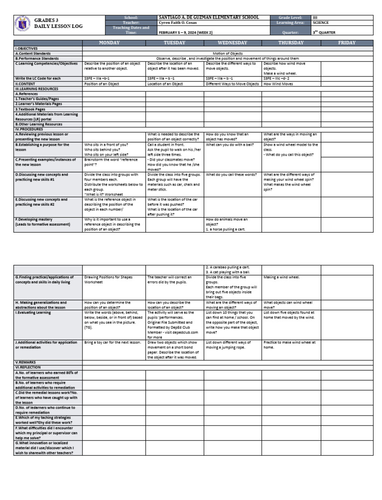 DLL - Science 3 - Q3 - W2 | PDF | Learning | Human Communication