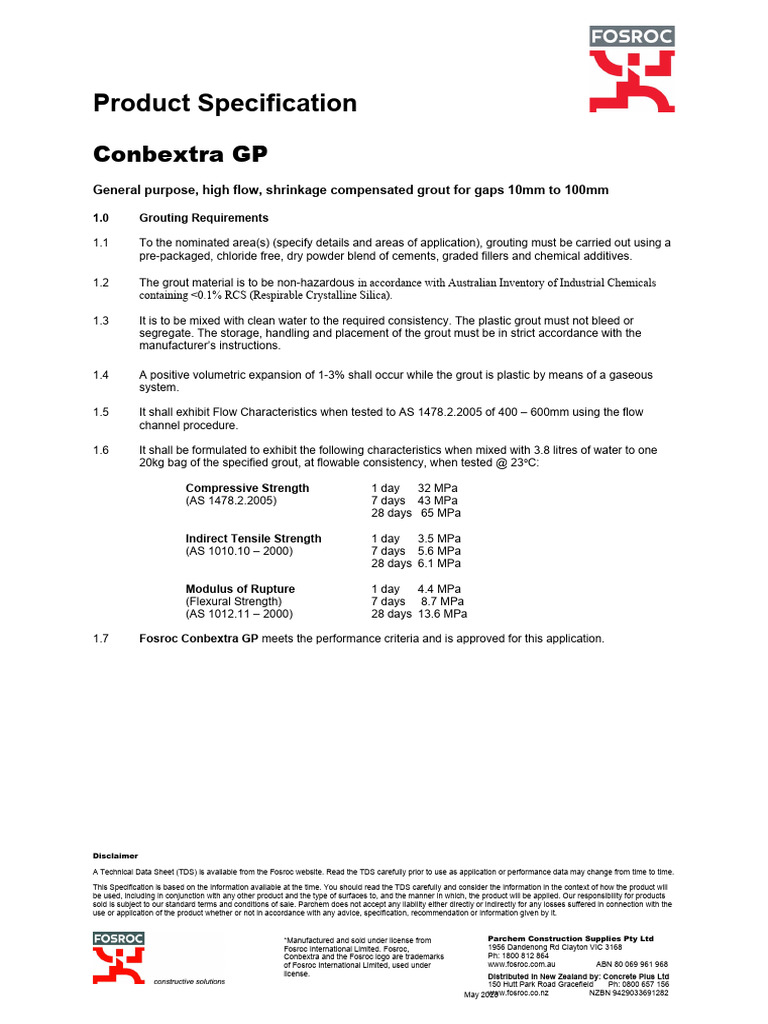 Conbextra GP Grout Product Specification | PDF | Cement | Civil Engineering