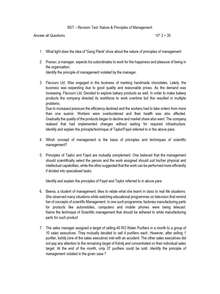 Revision Exam - BST - Nature and Principles of Management | PDF | Sales ...