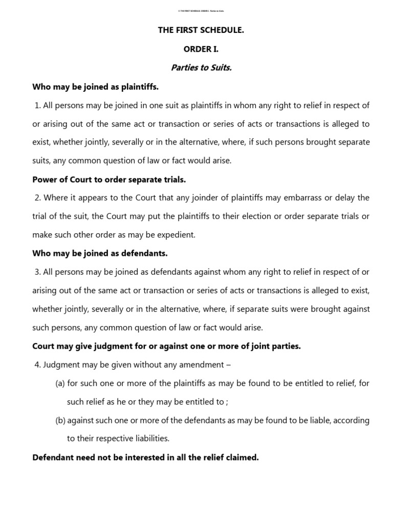 01 THE FIRST SCHEDULE. ORDER I. Parties To Suits. (1) 2 | PDF | Lawsuit | Cause Of Action
