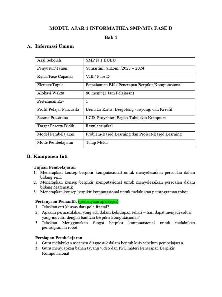 Perangkat Modul Ajar TIK SMP VIII | PDF