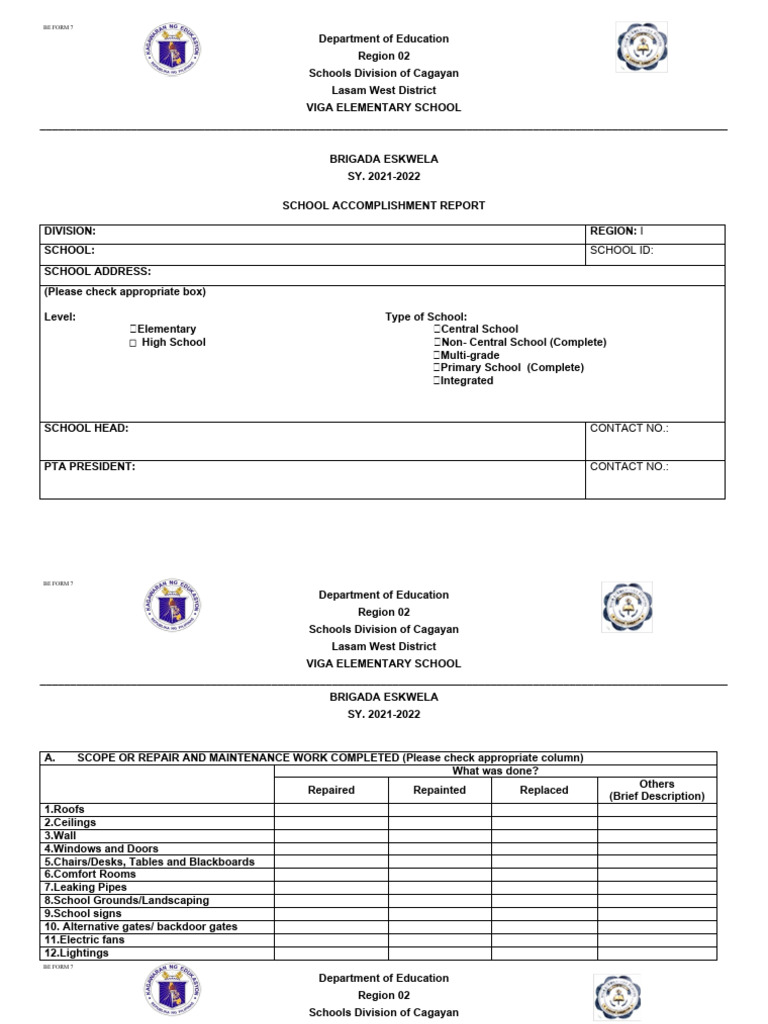 Brigada Eskwela Form 7 School Accomplishment Report | PDF | Building ...