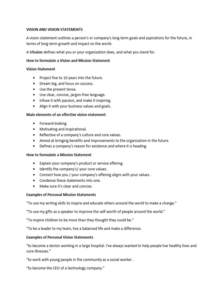 Vision and Mission Statements | PDF | Goal