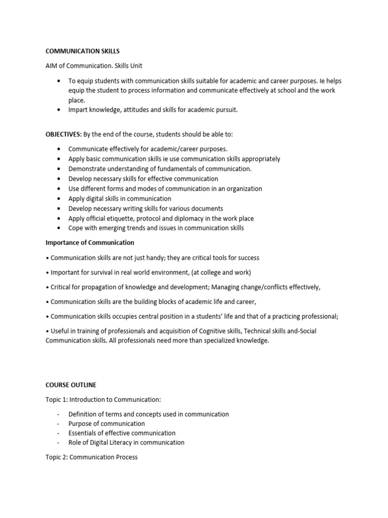 Introduction To Communication Skills Course Outline | PDF | Communication | Etiquette