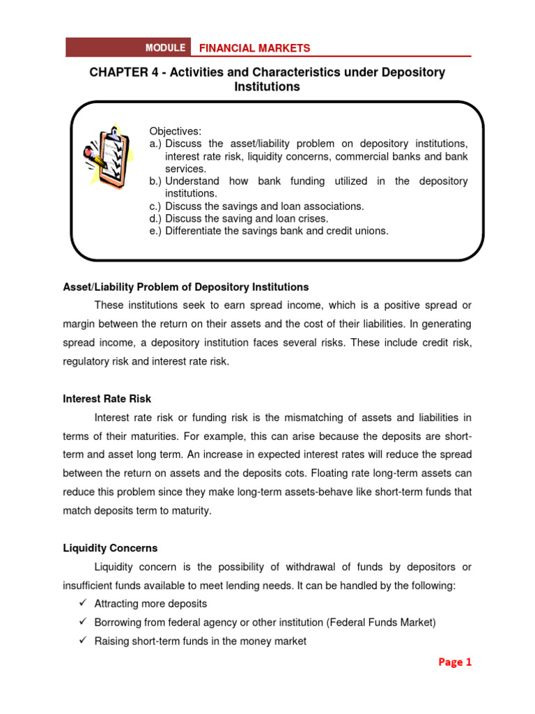 Chapter 4 - Activities and Charactristics Under Depository Institutions | PDF | Savings And Loan ...