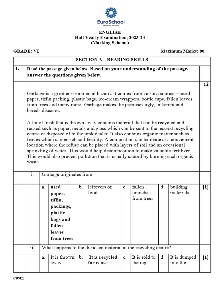Grade VI Exam: Reading & Grammar | PDF | Waste | Prometheus