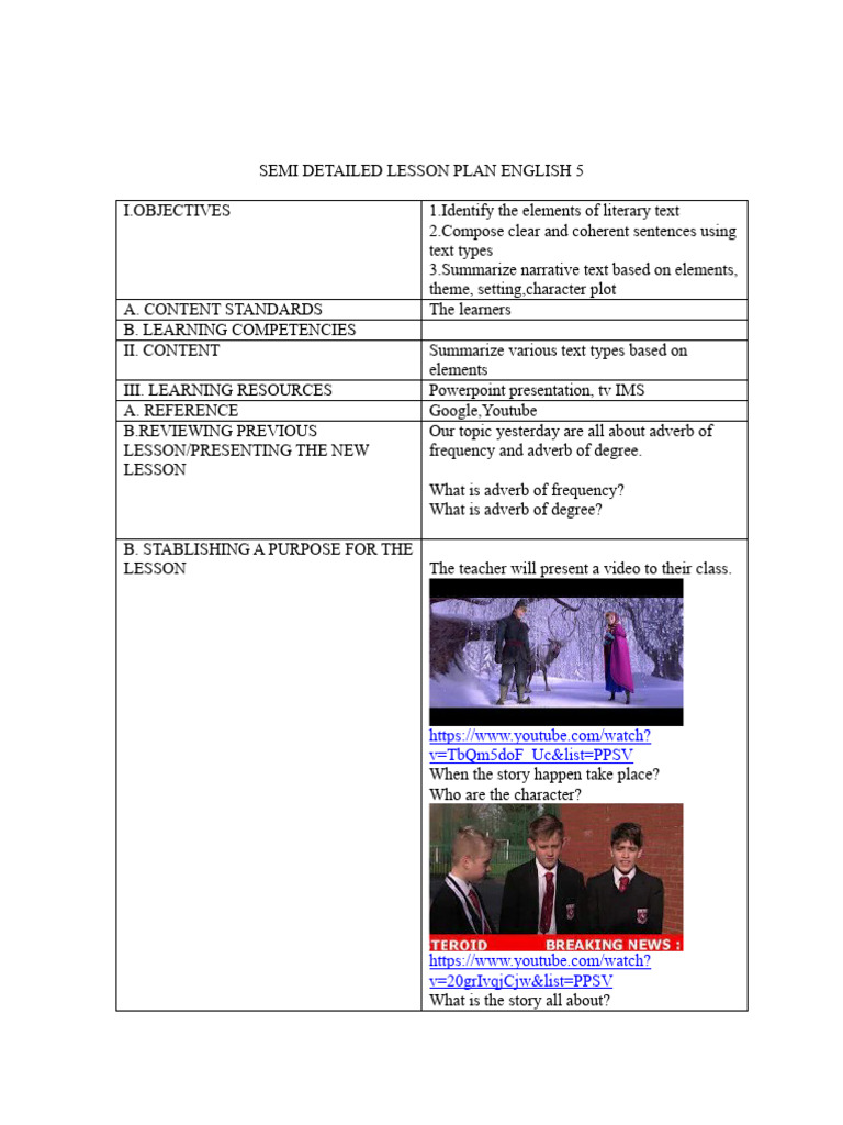 Semi-Detailed Lesson Plan: English 5 | PDF | Plot (Narrative) | Lesson Plan