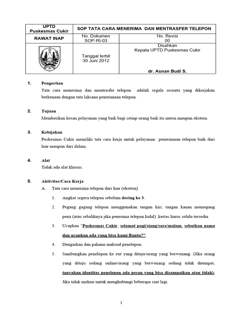 SOP-RI-03 SOP TATA CARA MENERIMA Dan MENTRANSFER TELEPON | PDF