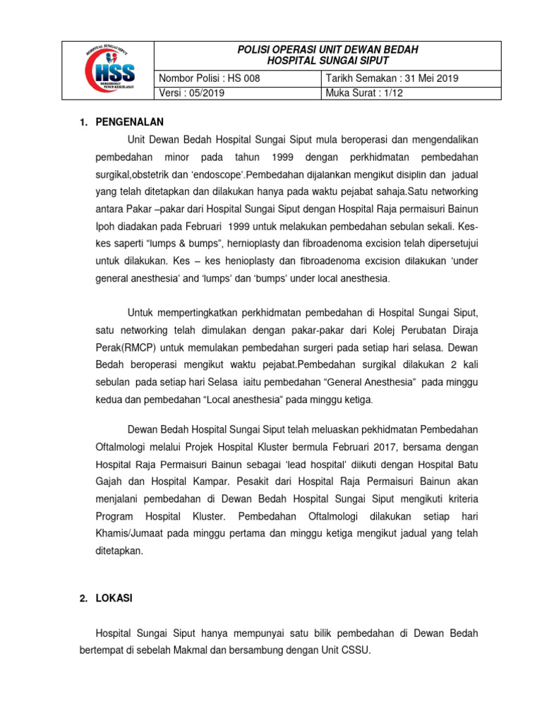 Polisi Operasi Dewan Bedah Hospital SS | PDF