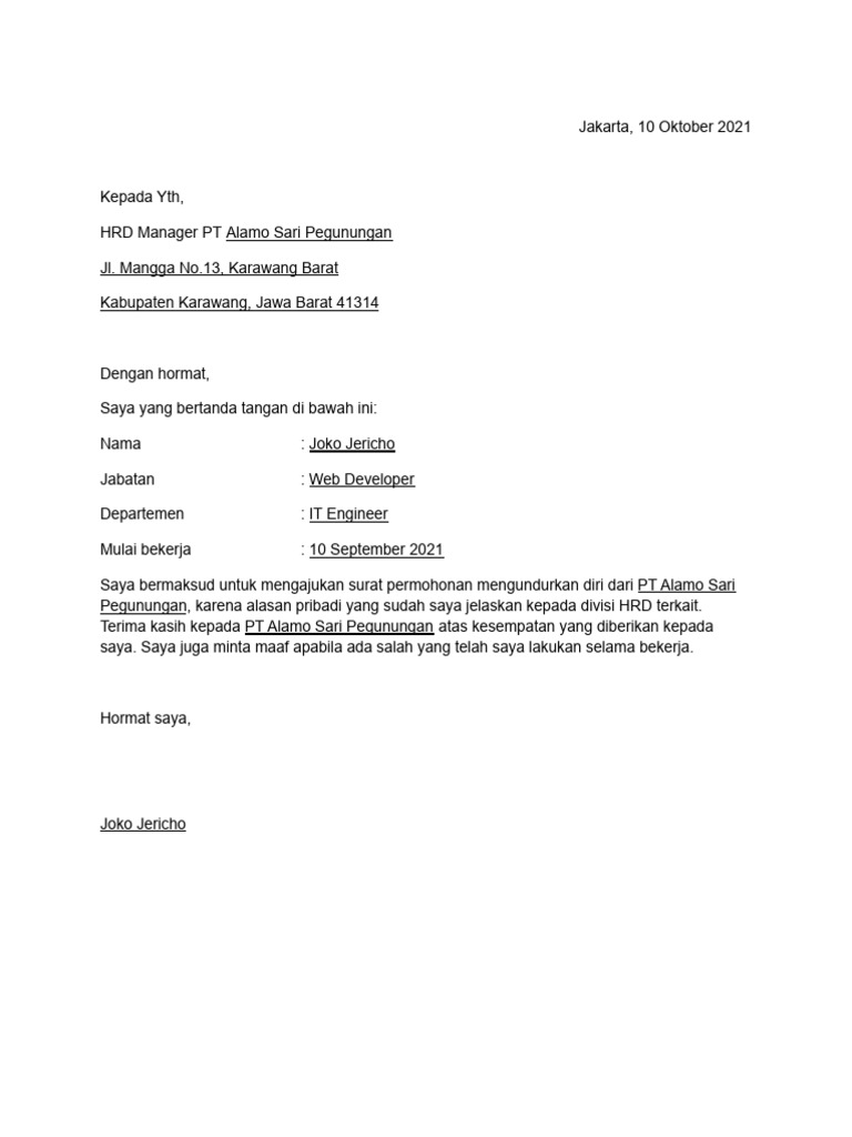 Contoh Surat Pengunduran Diri Saat Masa Probation | PDF