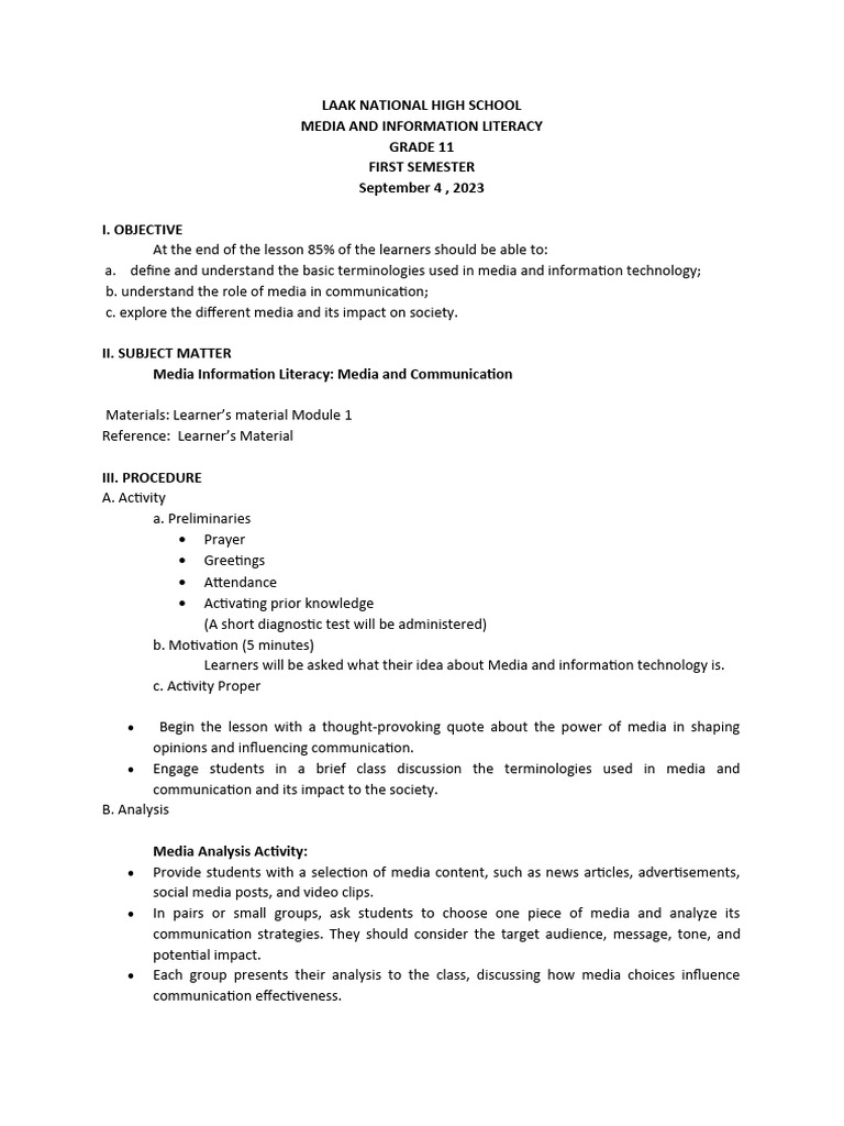SHS Lesson Plan | PDF | Mass Media | Communication