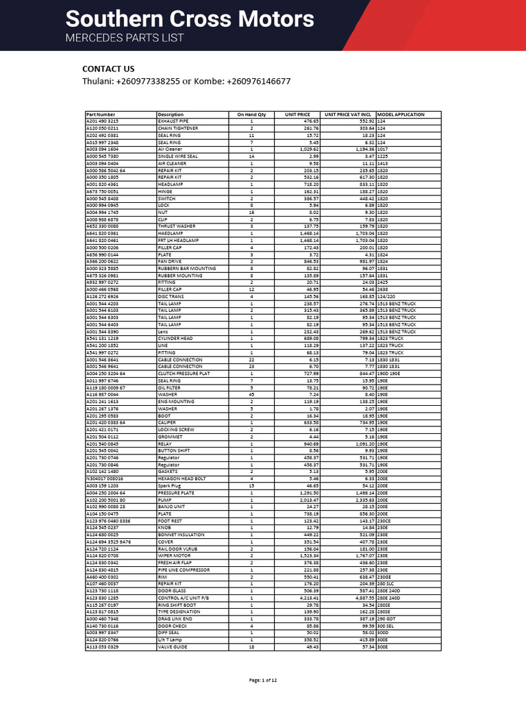 Mercedes Parts List | PDF