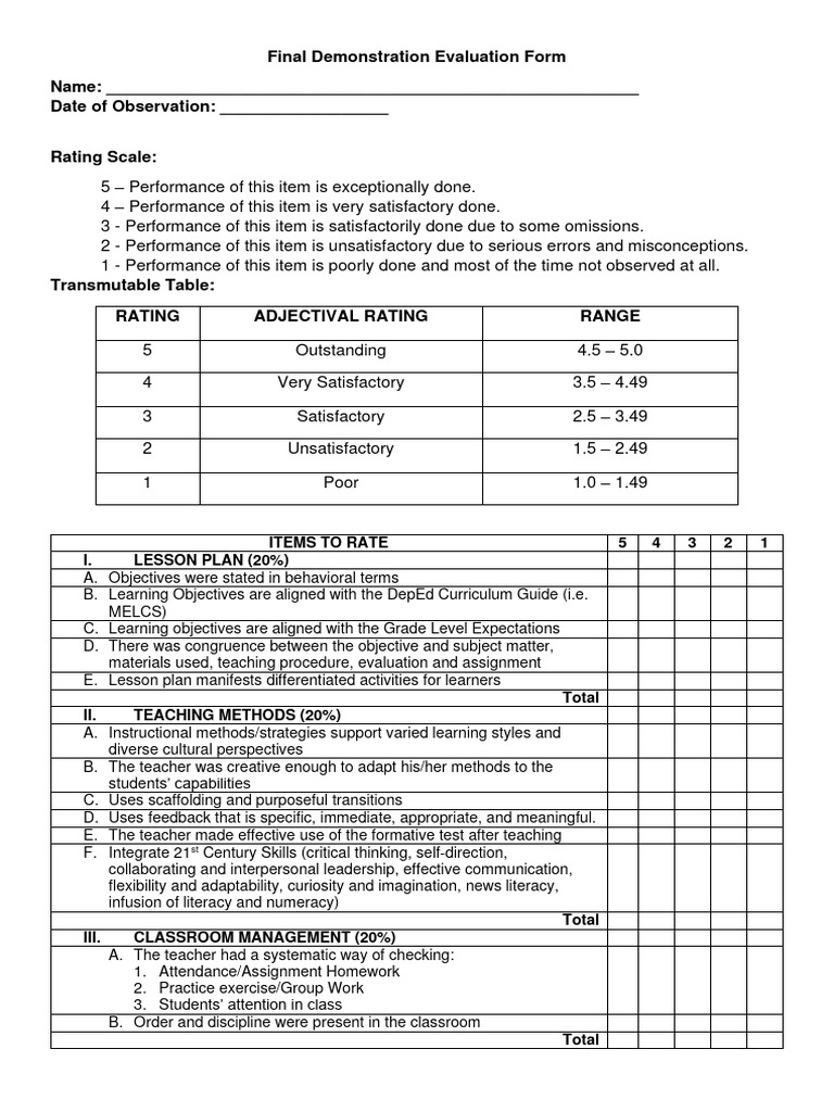 Final Demonstration Evaluation Form | PDF | Teachers | Lesson Plan